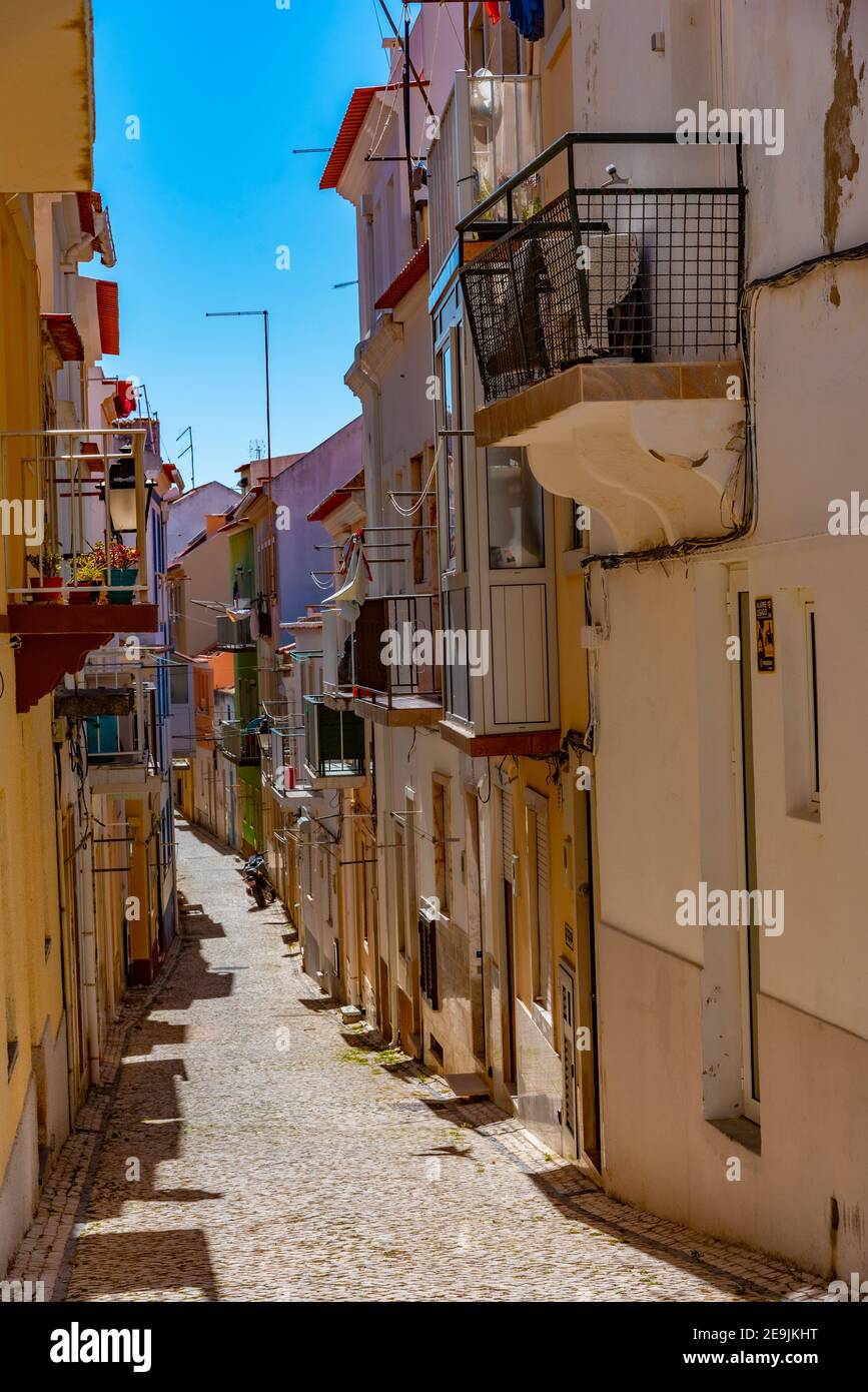 View of a narrow street in Nazare, Portugal Stock Photo - Alamy