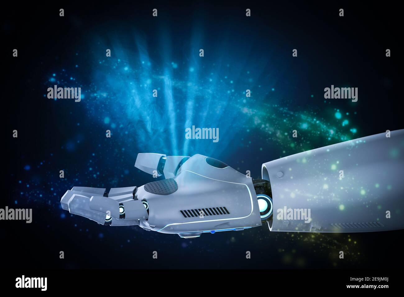 3d rendering robot hand open with flare and light shining Stock Photo ...
