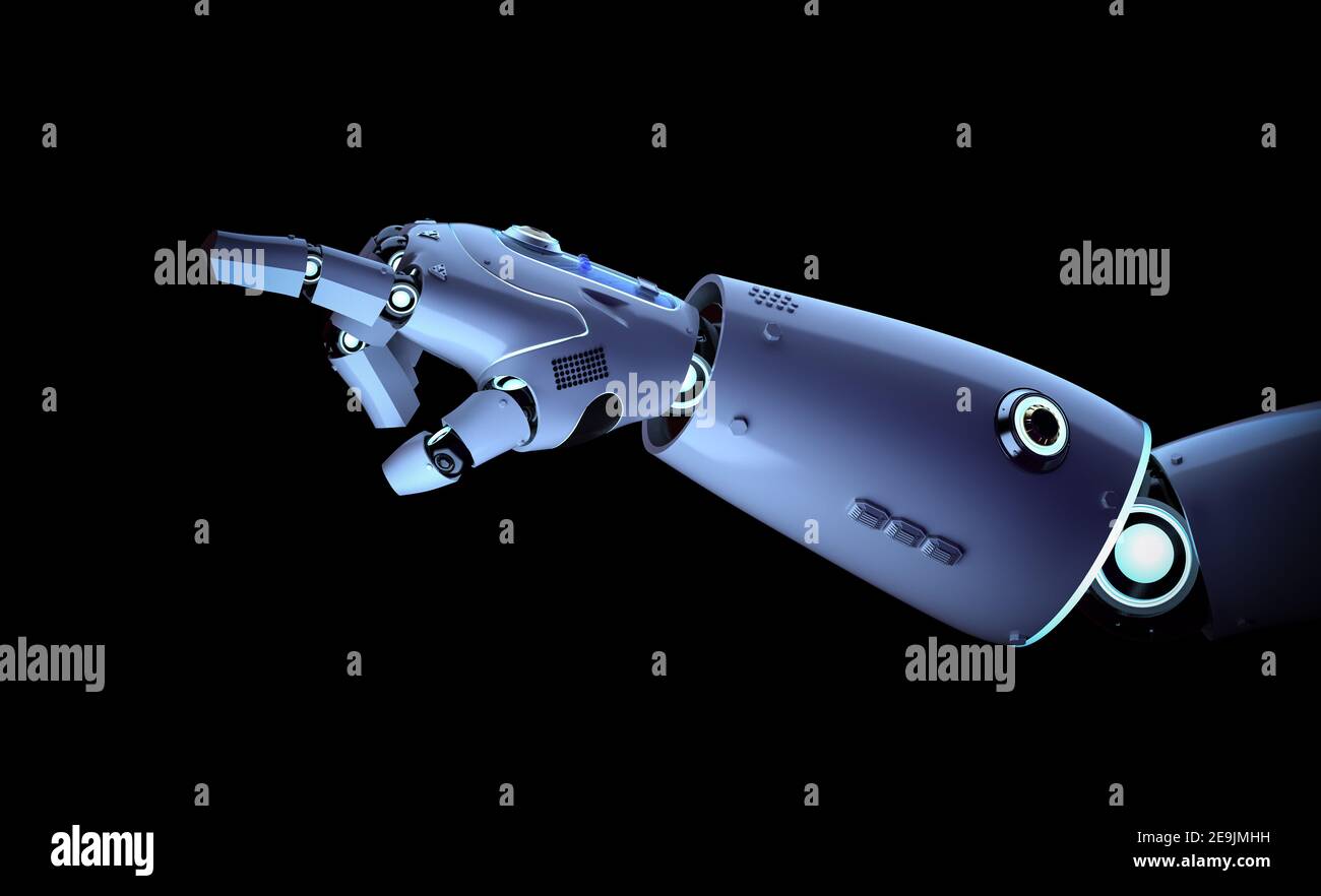 3d rendering robot hand finger point isolated on black background Stock ...
