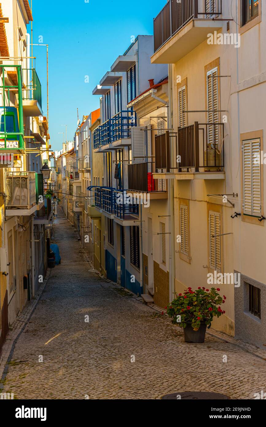 View of a narrow street in Nazare, Portugal Stock Photo - Alamy