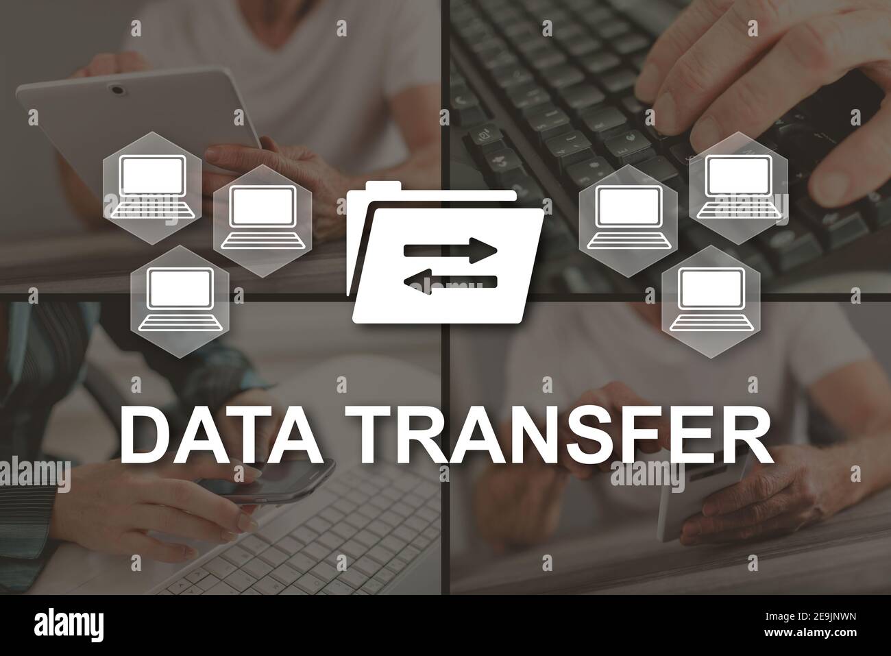 Data transfer concept illustrated by pictures on background Stock Photo ...