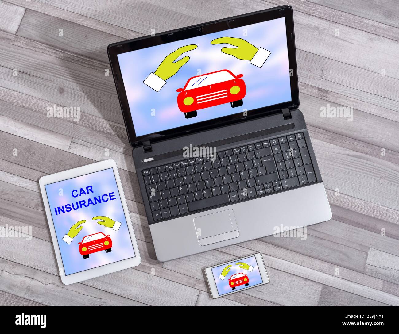 Car insurance concept shown on different information technology devices ...