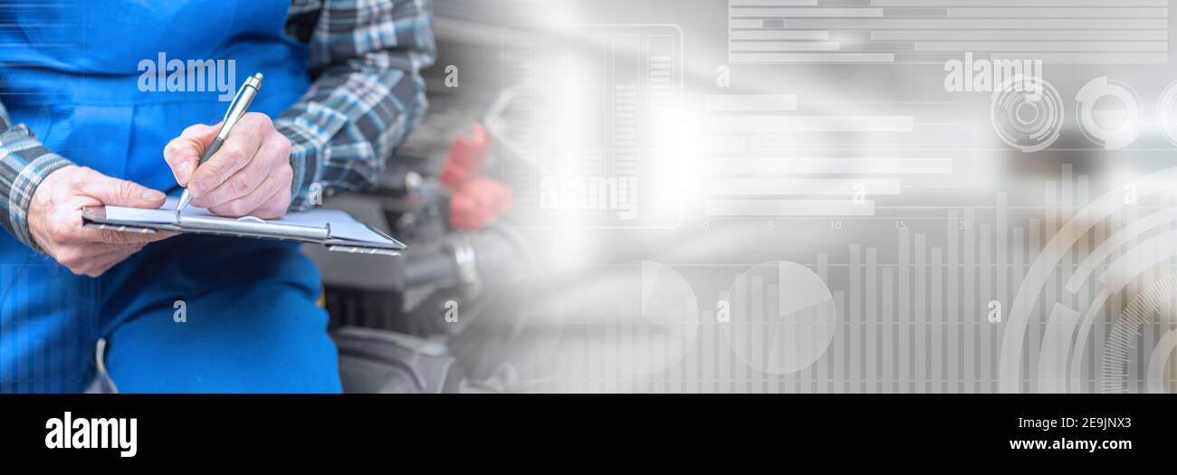 Car mechanic checking a car engine and writing on clipboard; panoramic ...