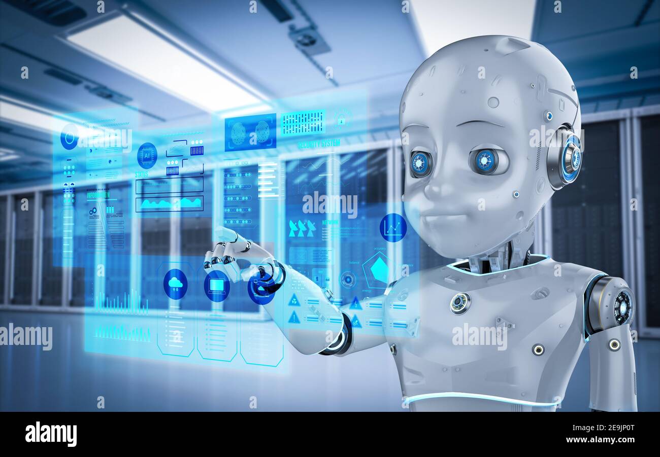 3d rendering cute robot or artificial intelligence robot with graphic ...