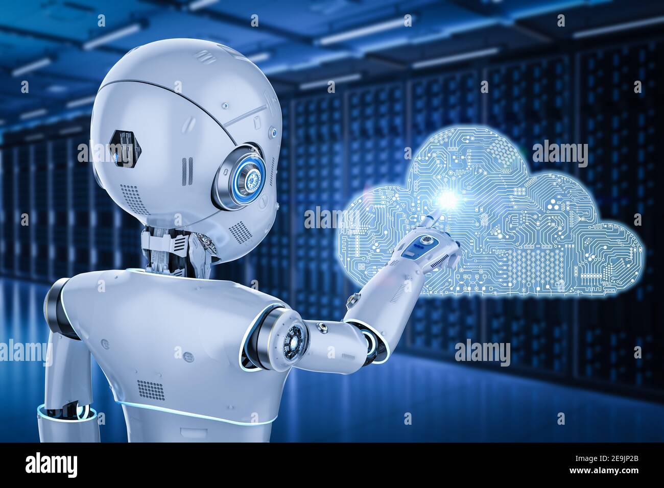 Cloud computing technology concept with 3d rendering cute robot and ...