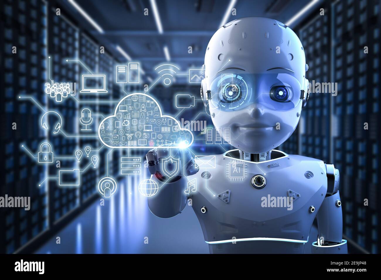 Cloud computing technology concept with 3d rendering cute robot and ...