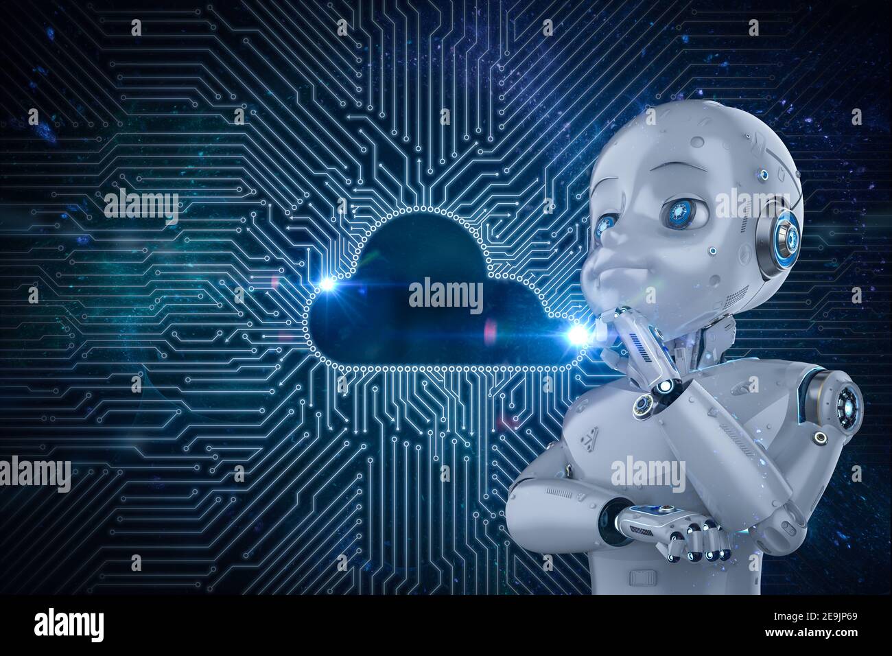 Cloud computing technology concept with 3d rendering cute robot and ...