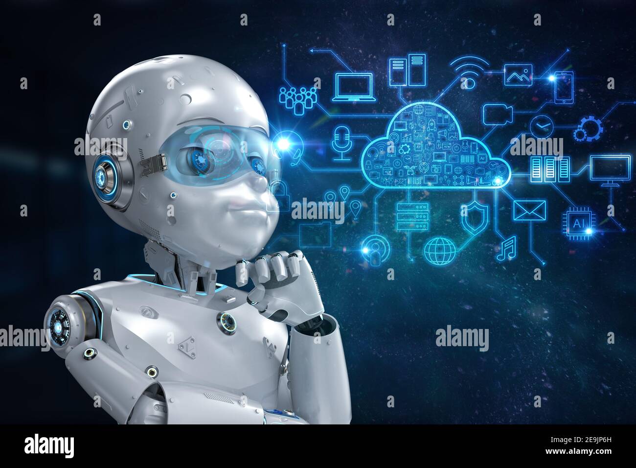 Cloud computing technology concept with 3d rendering cute robot and ...