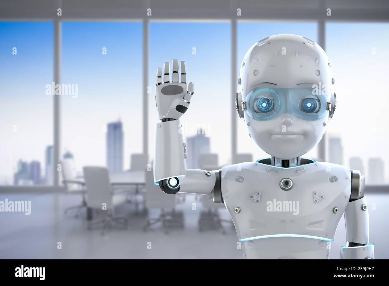 Automation office worker concept with 3d rendering cute robot greeting ...