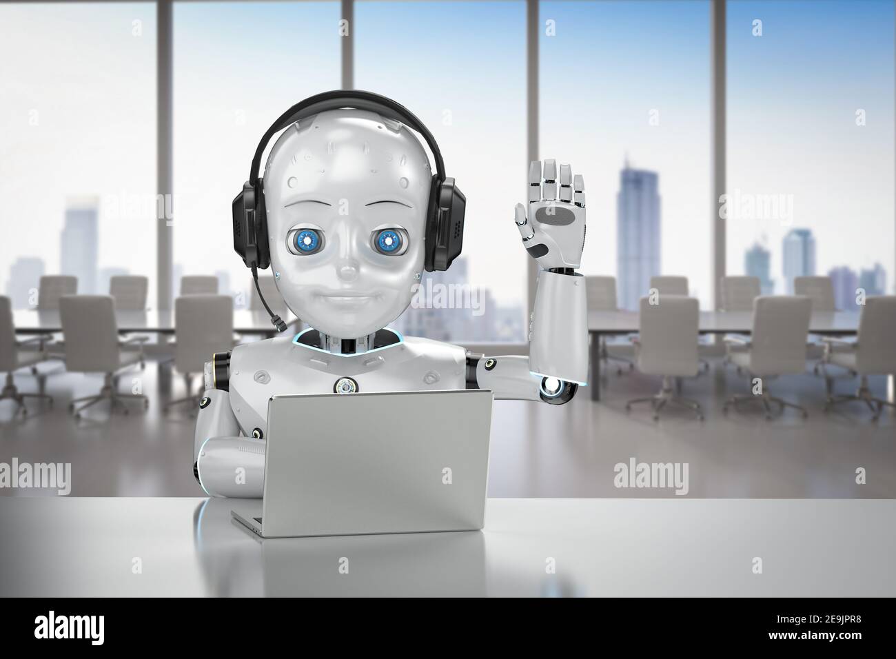 Automation office worker concept with 3d rendering cute robot greeting ...