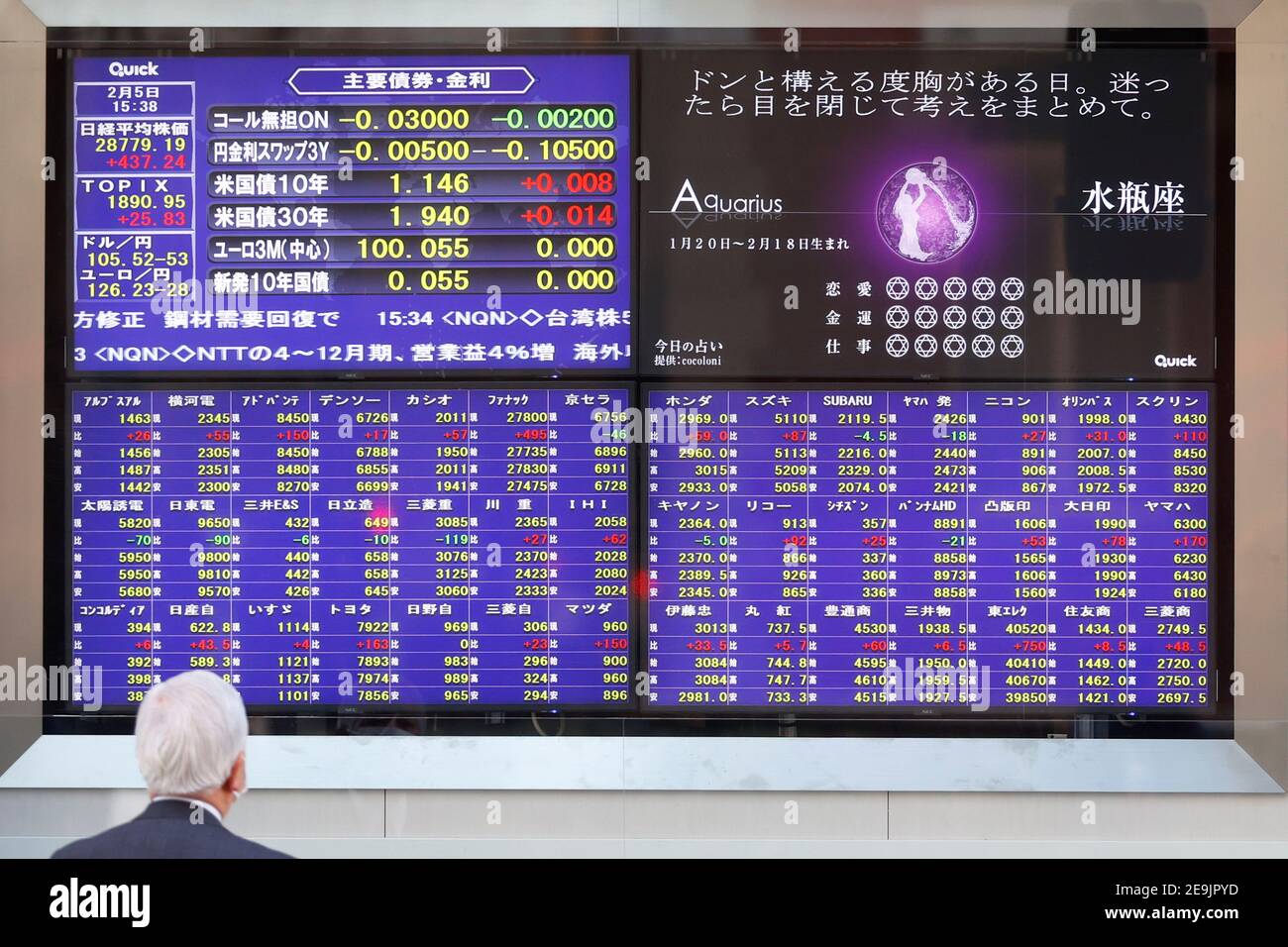 Tokyo, Japan. 5th Feb, 2021. A man looks at an electronic stock board ...