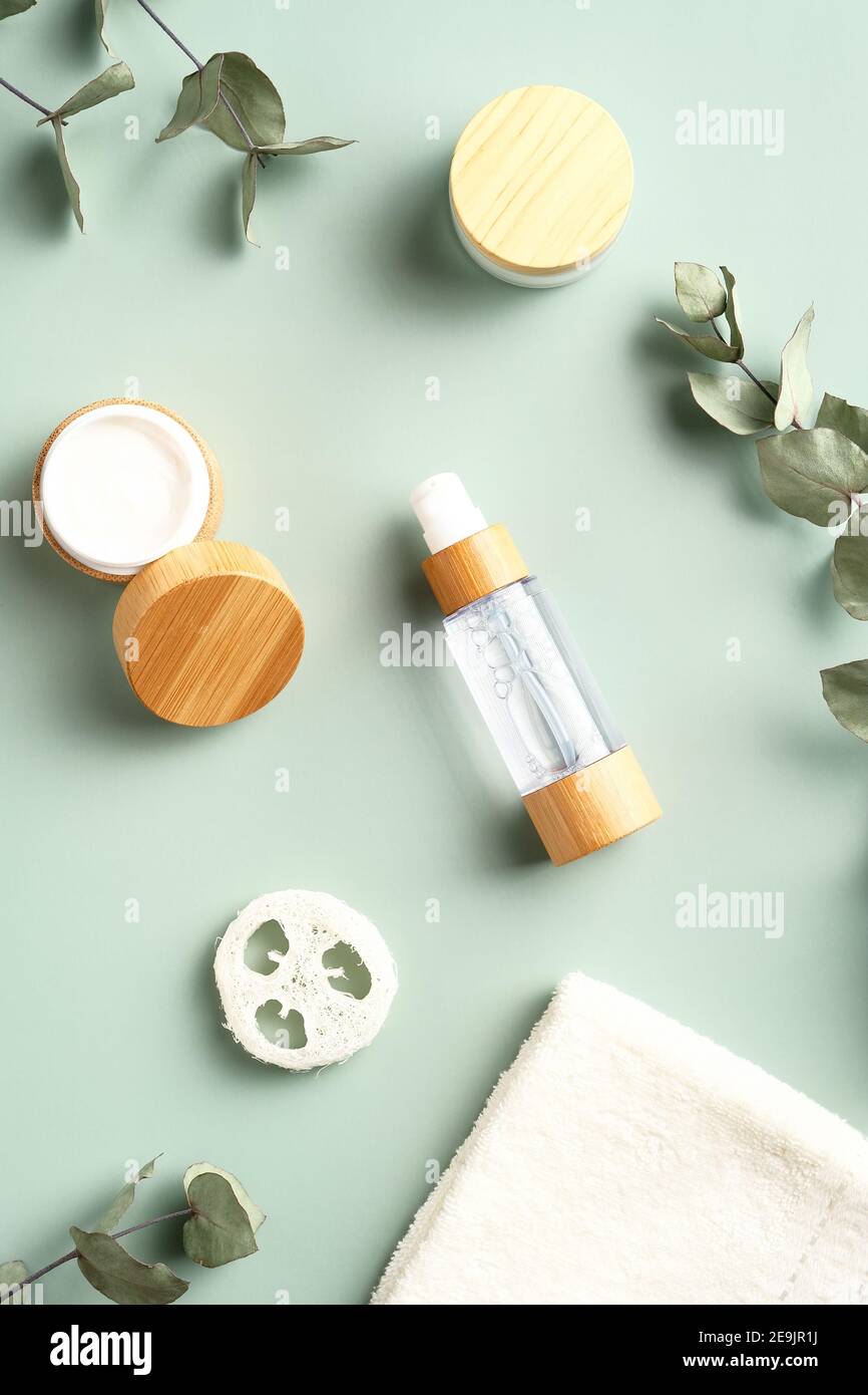 Natural organic SPA cosmetic products set with eucalyptus leaves. Top ...