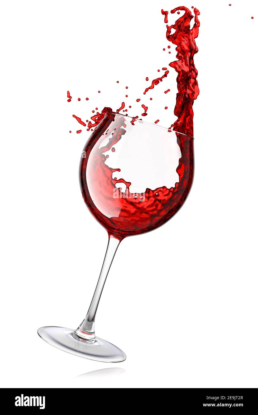 Glass with red wine and splashes of fluid isolated on white background ...