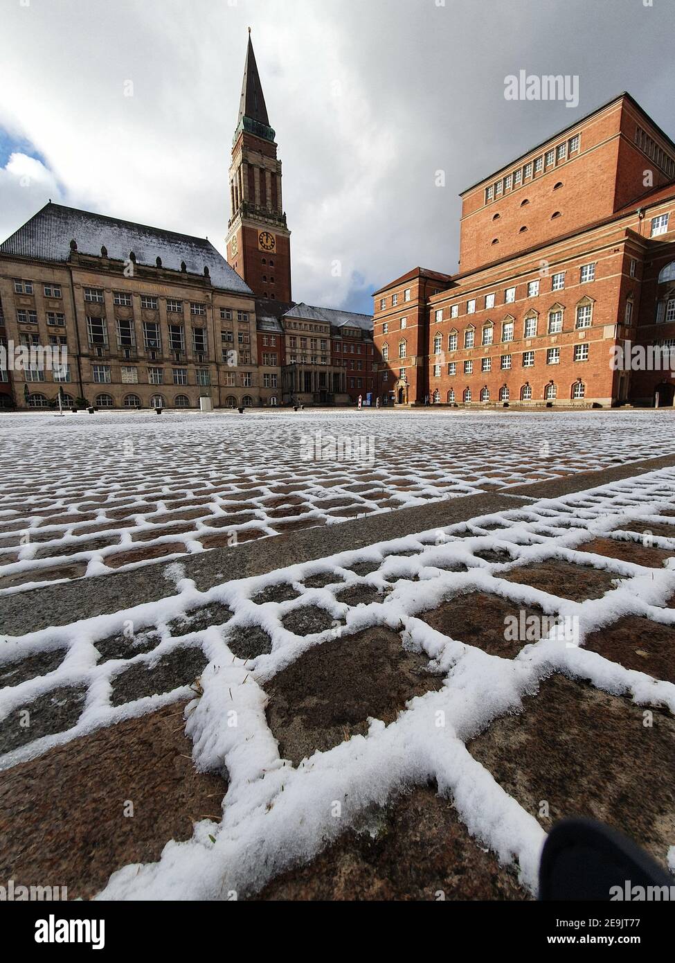 Snow on the square in front of Kiel City Hall and Opera House in Kiel ...