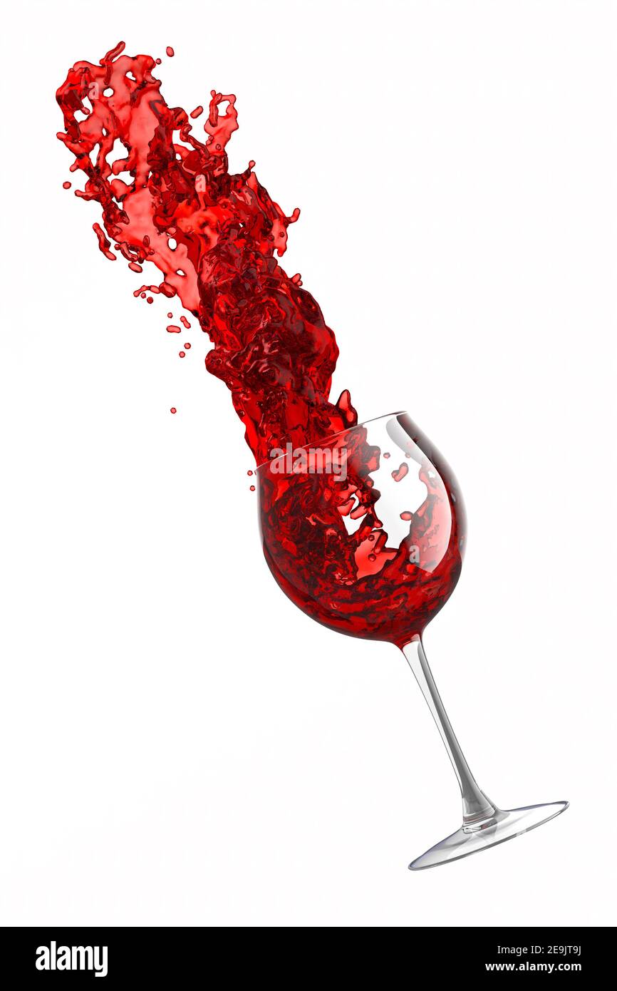 Glass with red wine and splashes of fluid isolated on white background ...
