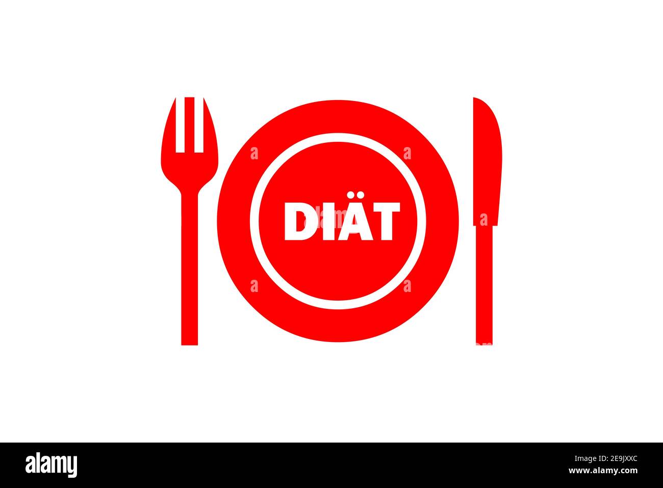 Illustration of a red plate with cutlery and the word DIET in German ...