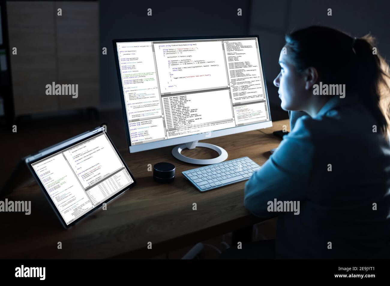 Back woman on computer night hi-res stock photography and images - Alamy