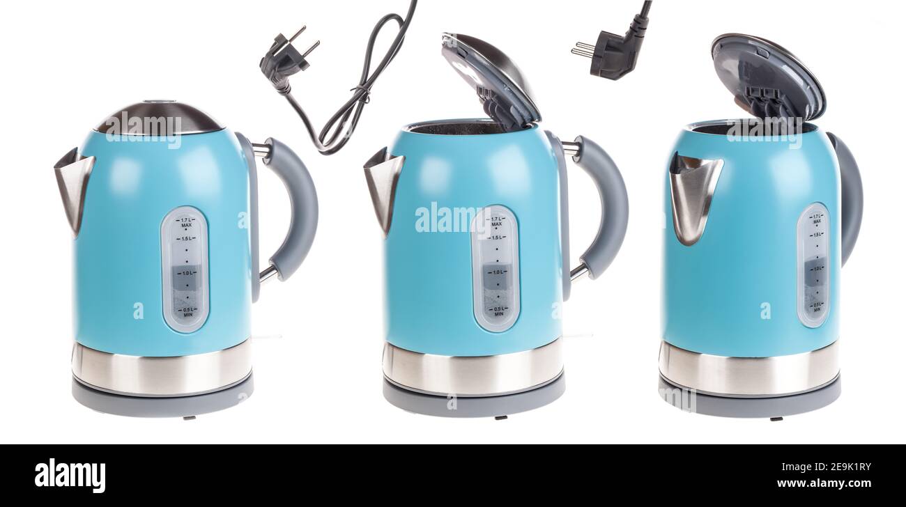 Blue electric kettle isolated on white Stock Photo - Alamy