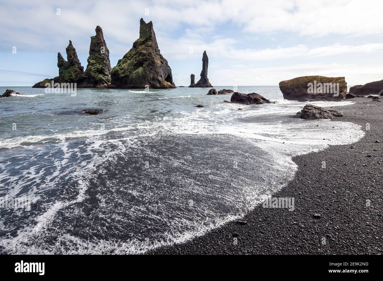 Black Sand Beach and Reynisdrangur Sea Stacks, Vik, Iceland Stock Photo ...