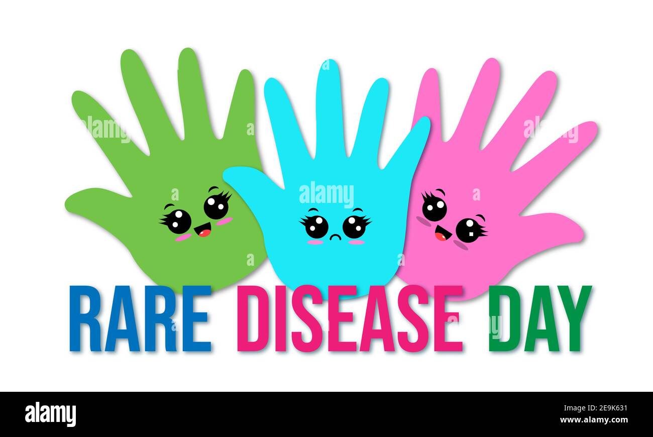 World Rare Disease Day banner. Cartoon hands in pink, blue, green ...