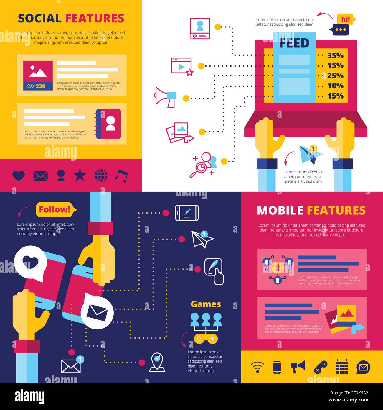 Social network features flat banners composition with infographic ...
