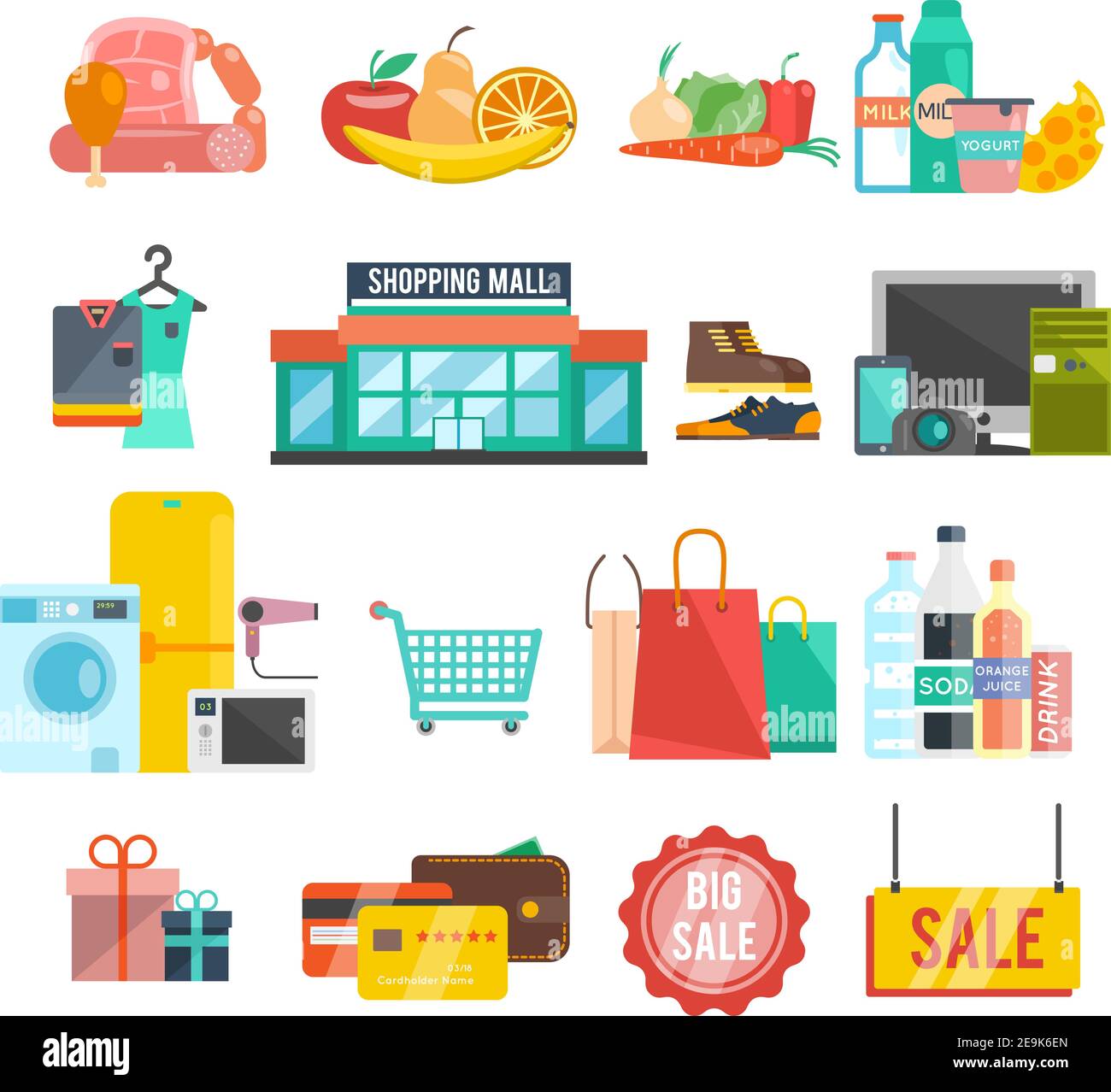 Shopping center flat icons set with food home appiances and goods ...