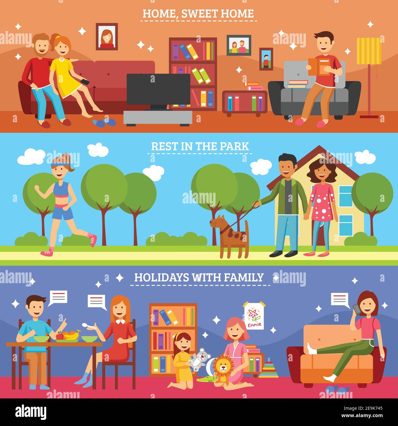 Three flat horizontal family members banners set with different types ...