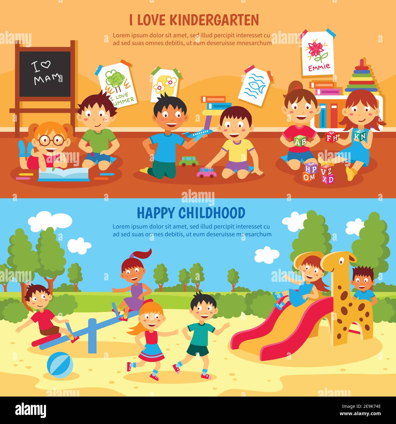 Kindergarten horizontal banner set with happy children isolated vector ...