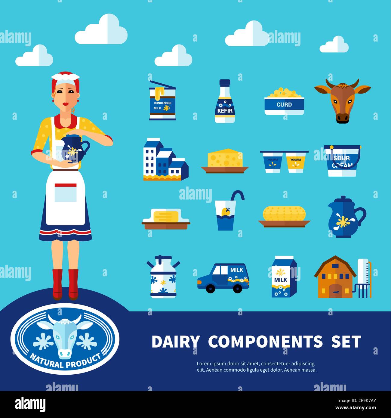 Dairy components set with icons of different natural products of milk ...