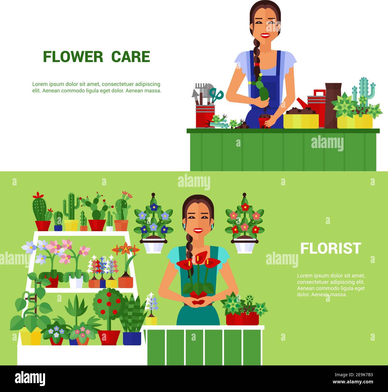 Beautiful young florist selling house plants 2 flat horizontal banners ...
