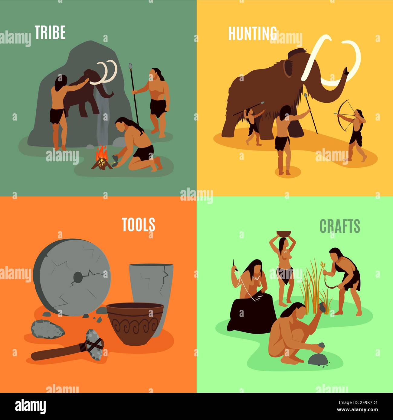 Prehistoric stone age caveman being elements tribe hunting tools and ...