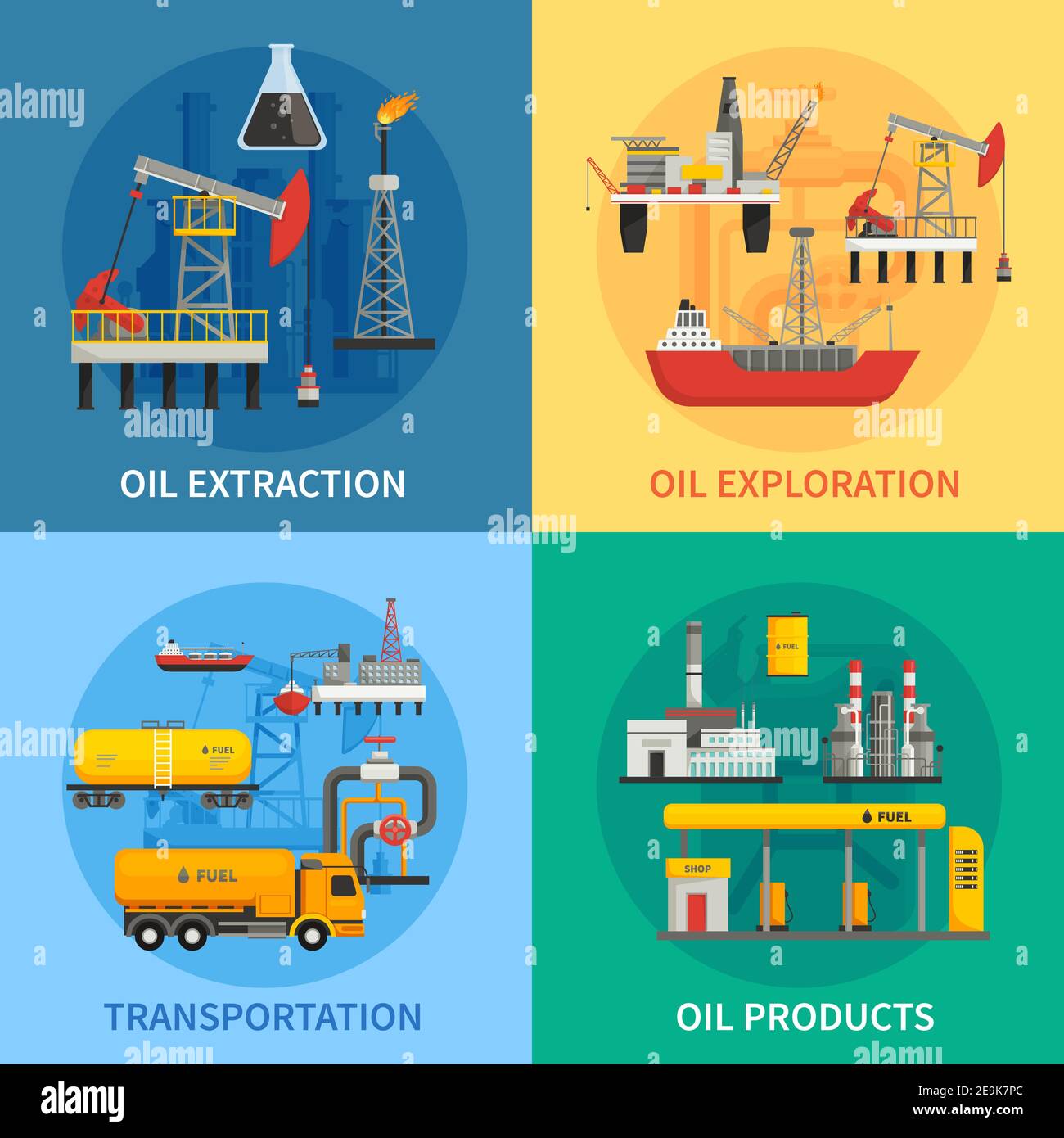 Flat 2x2 images presenting oil petrol industry oil exploration ...