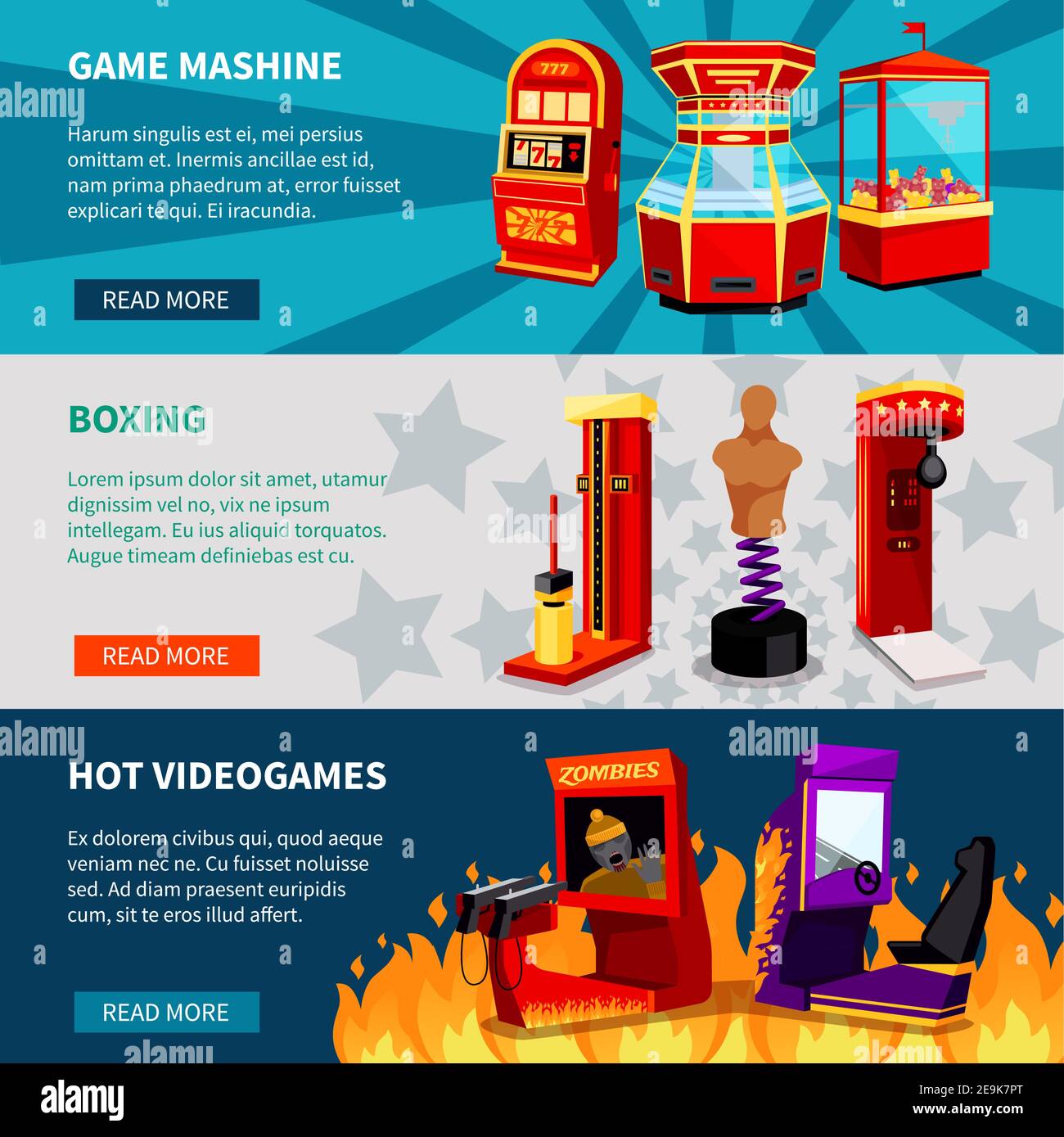 Game machine banners with hot video games boxing and slot machines flat ...