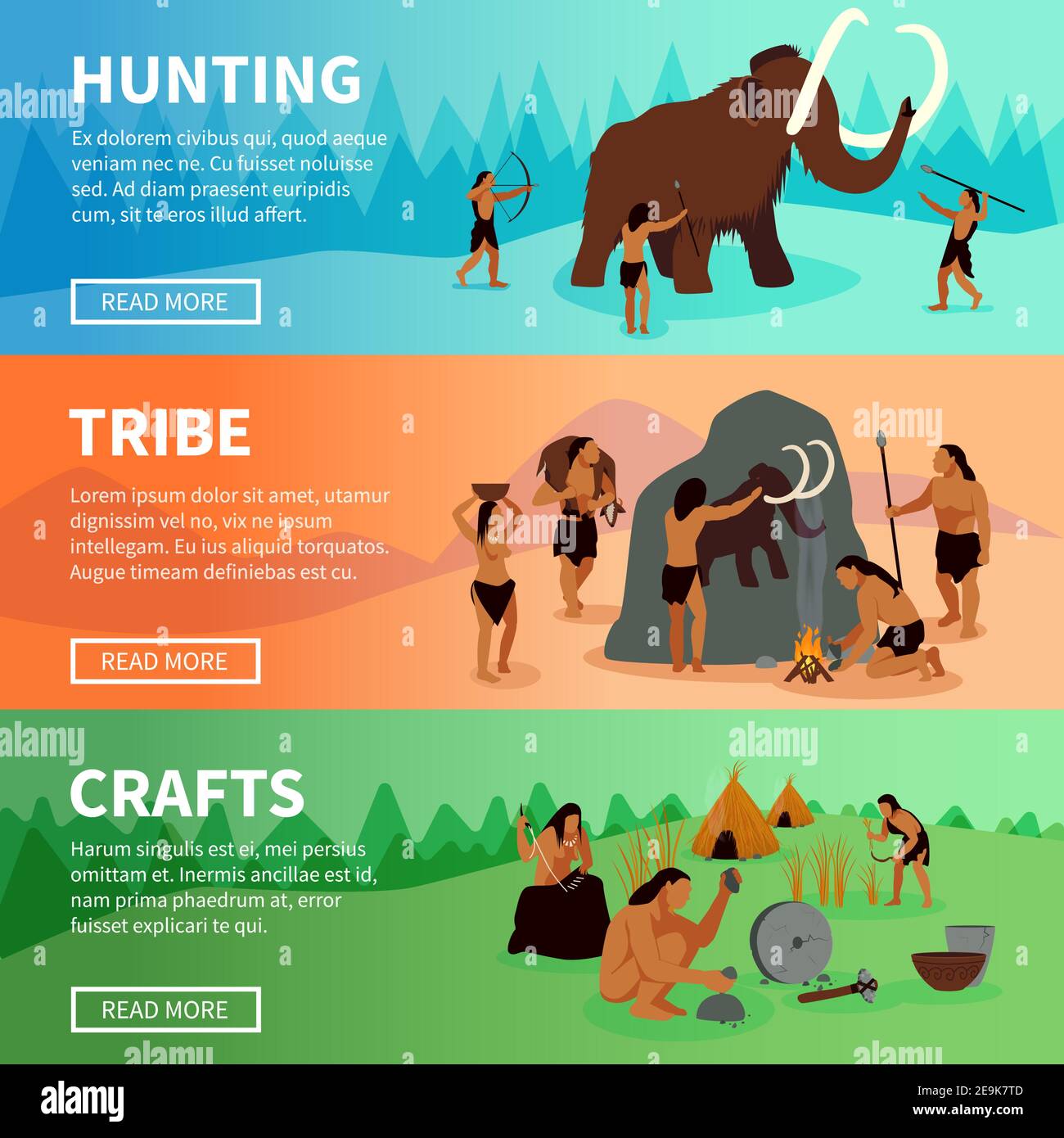 Prehistoric stone age caveman banners with mammoth hunting life of ...