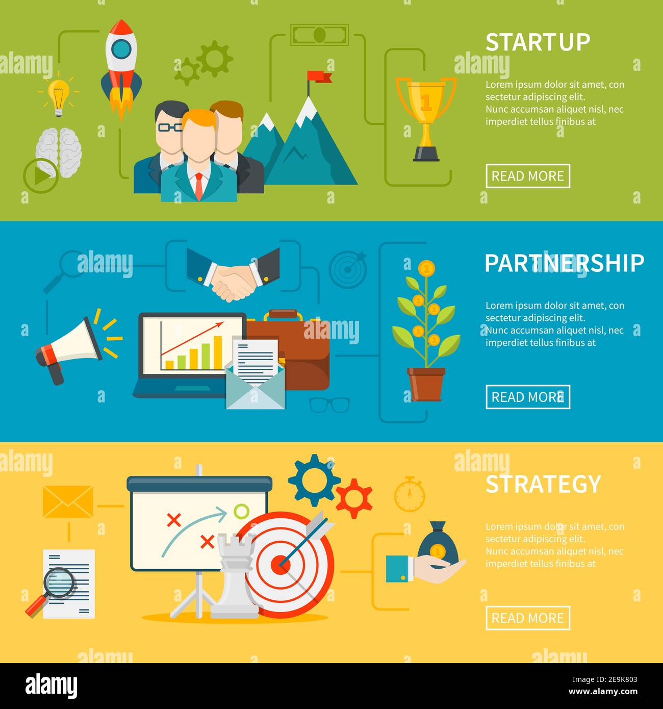 Entrepreneurship flat horizontal banners set of startup strategy and ...