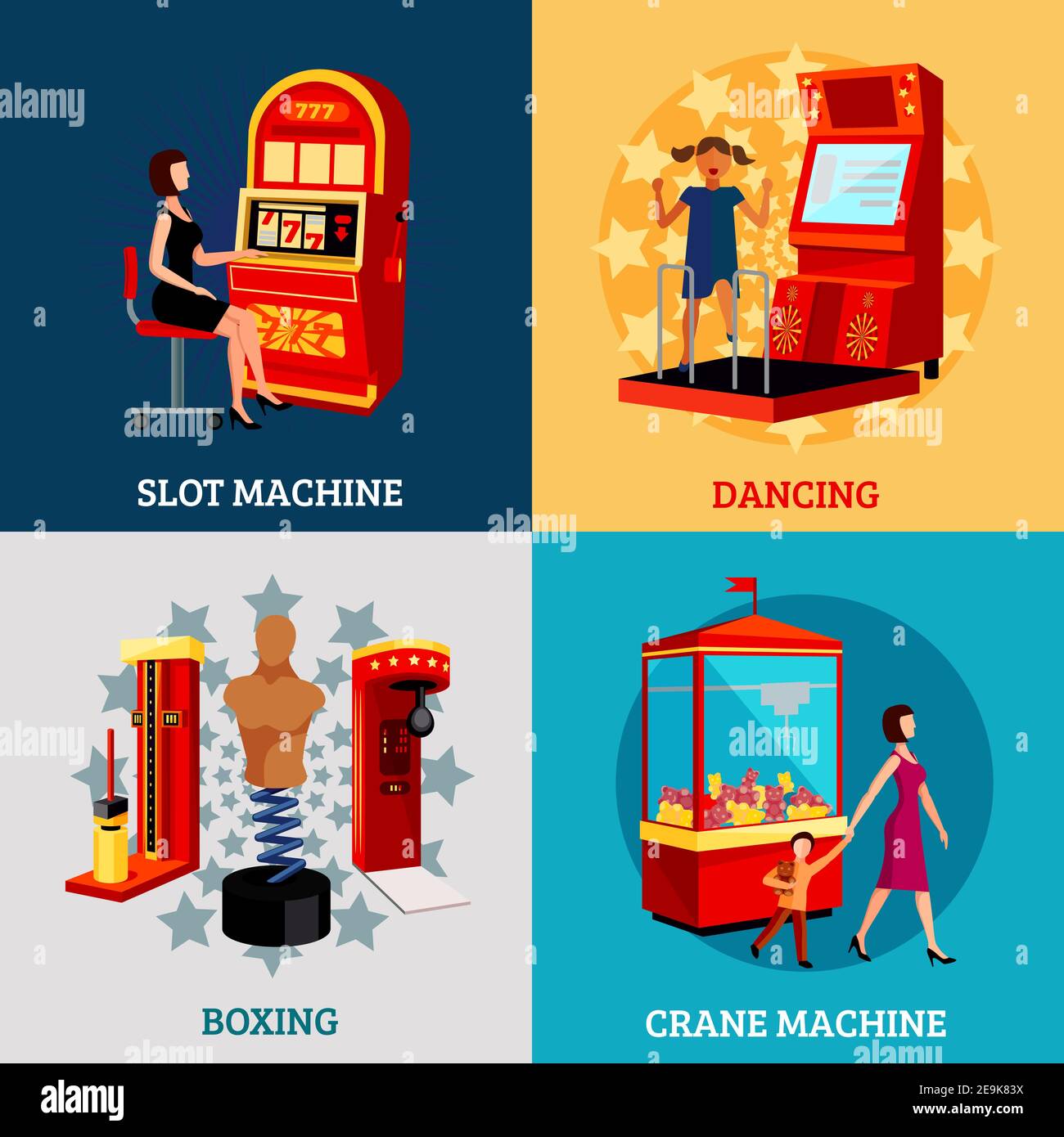 Game machine 2x2 design concept with slot dancing boxing and crane ...