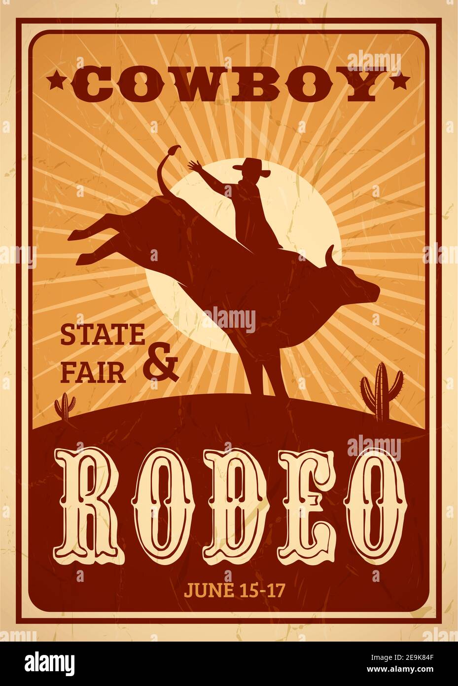 Advertisement rodeo poster in retro style with cowboy riding wild horse ...