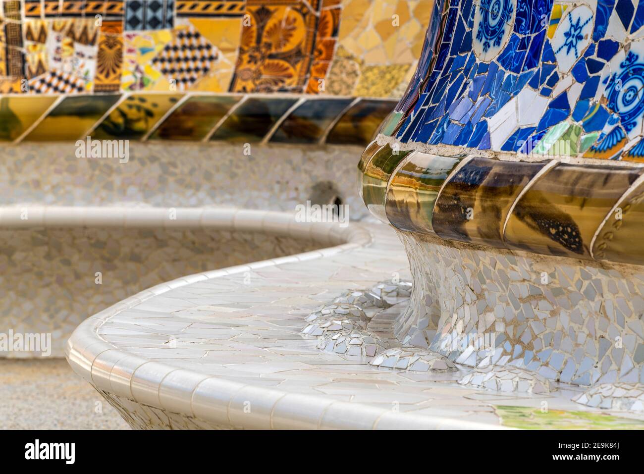Tiled serpentine bench, Park Guell, Barcelona, Catalonia, Spain Stock ...