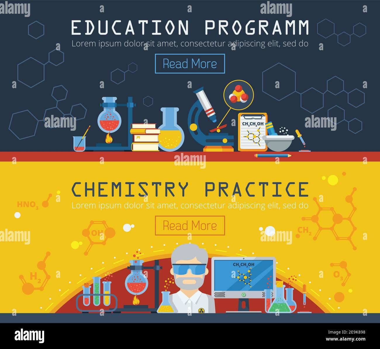 Chemistry horizontal banners set with equipment for education program ...