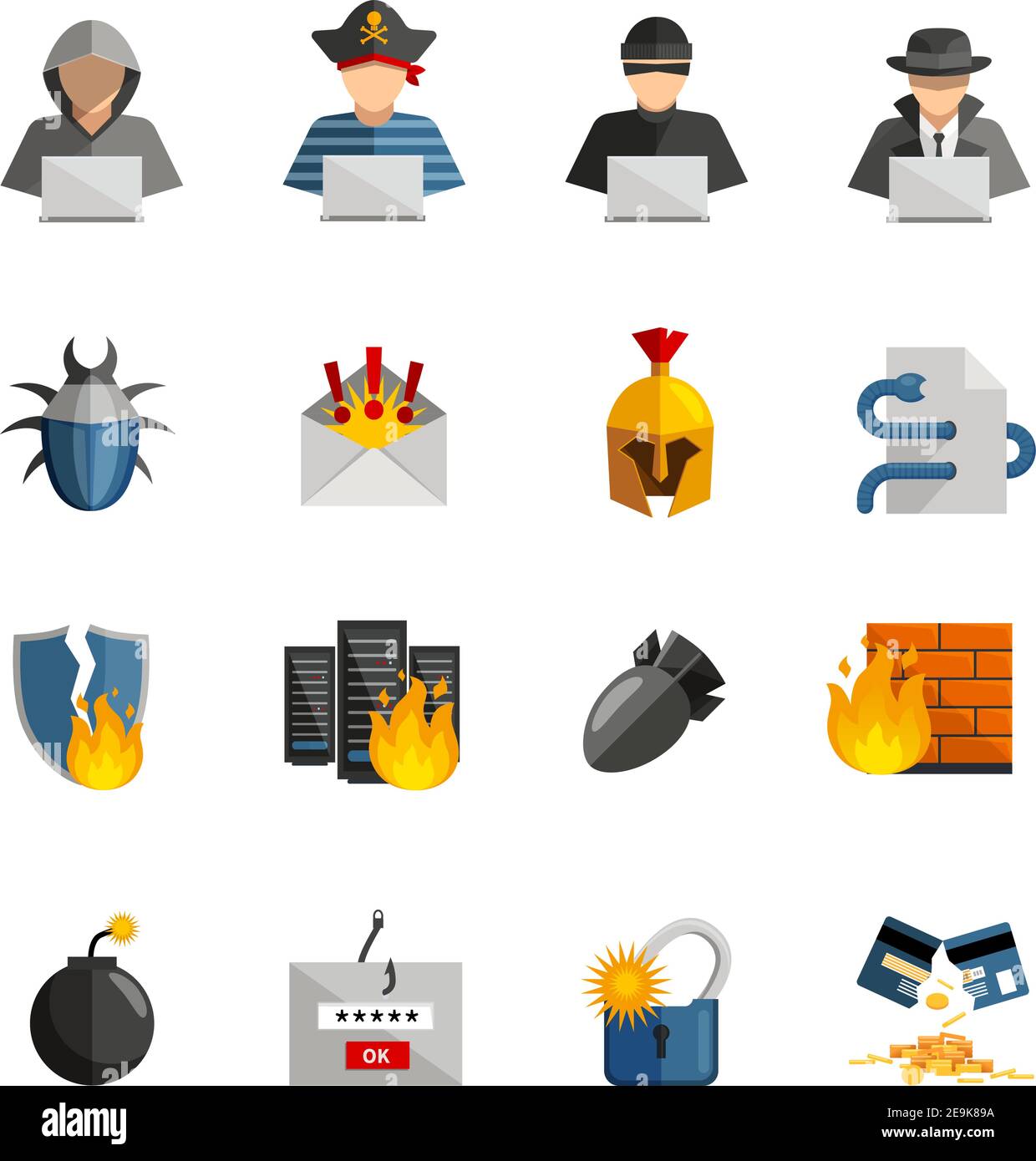 Hacker flat color icons set of bug firewall worm phishing signs and ...