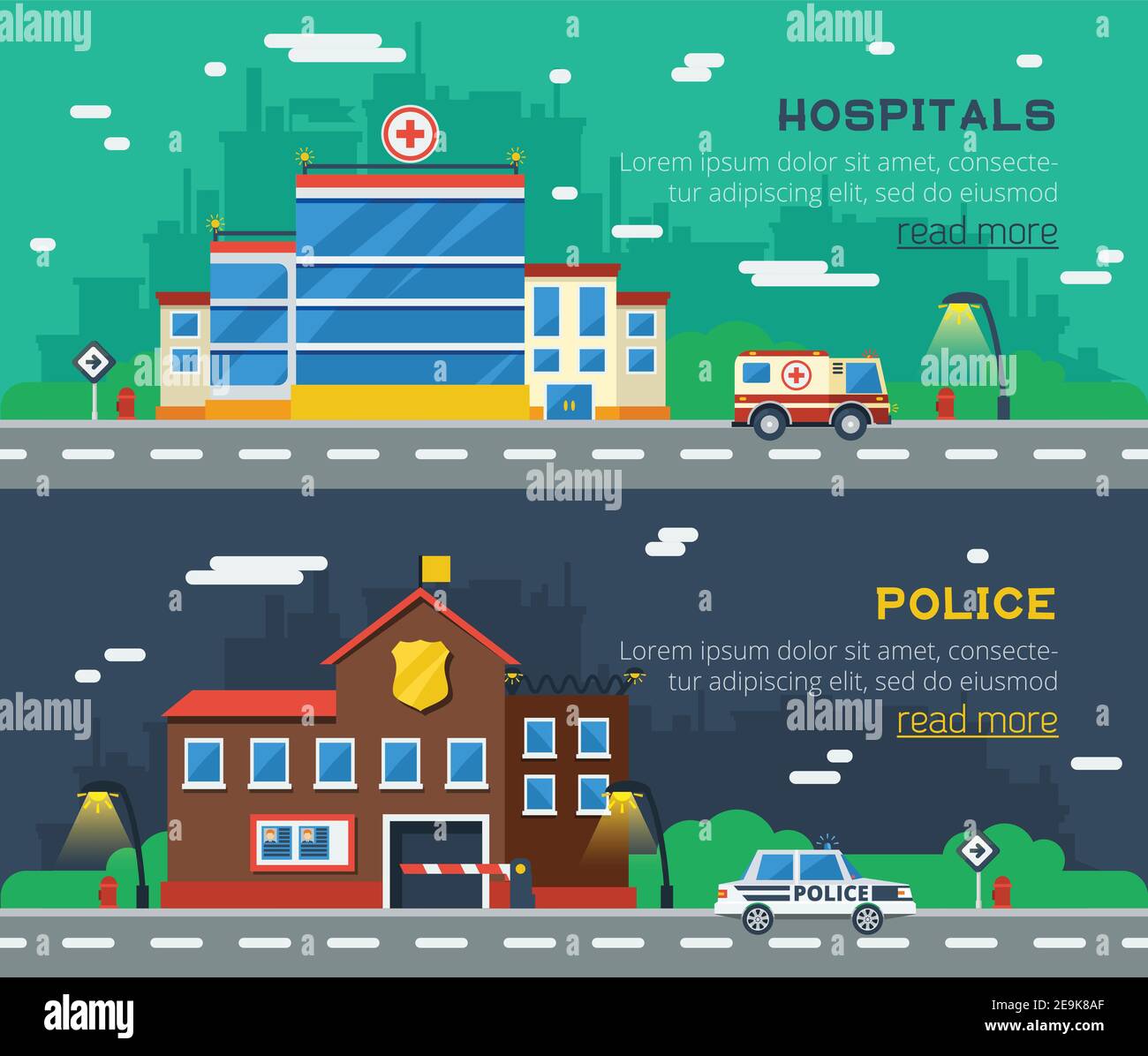 Government buildings two horizontal banners with hospital and police ...