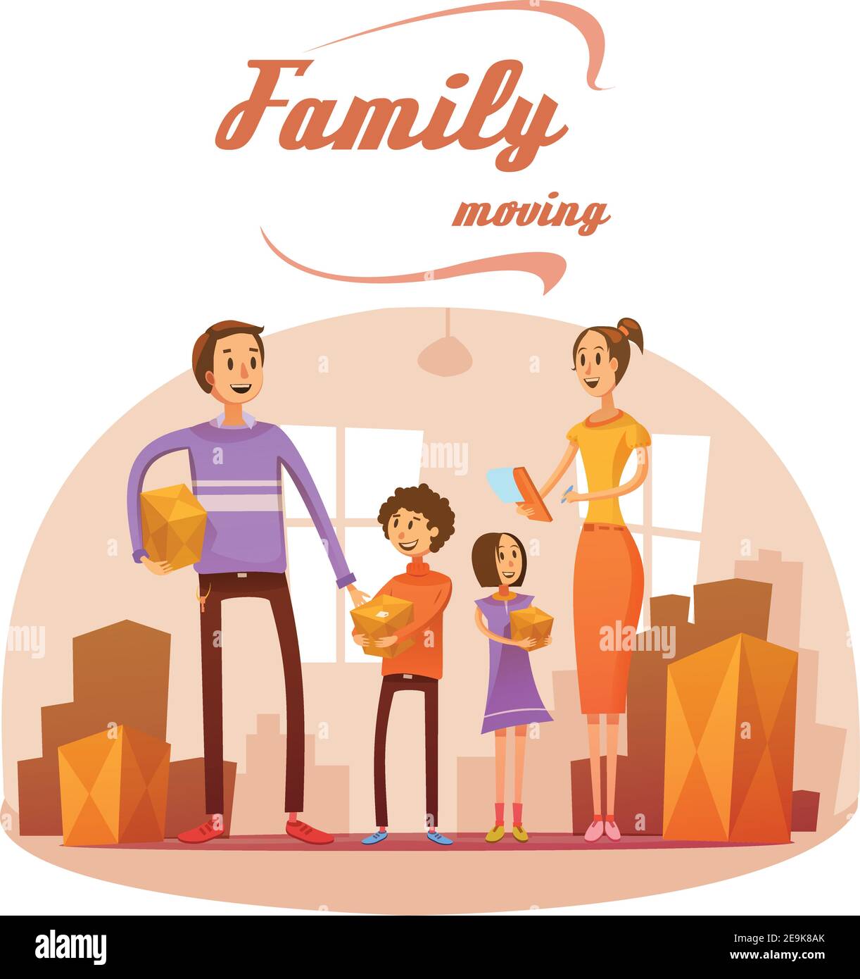 Family moving in cartoon concept with room list and boxes vector ...