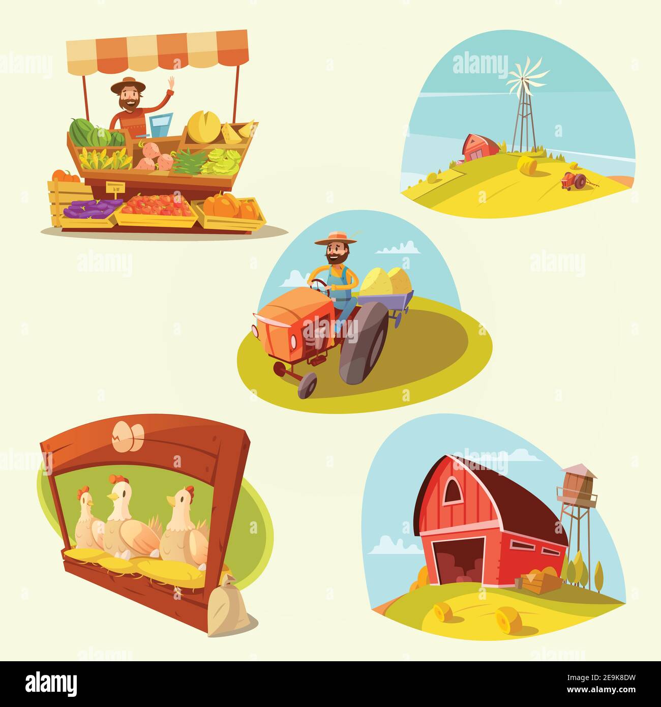 Farm cartoon set with farmer and products on yellow background isolated ...