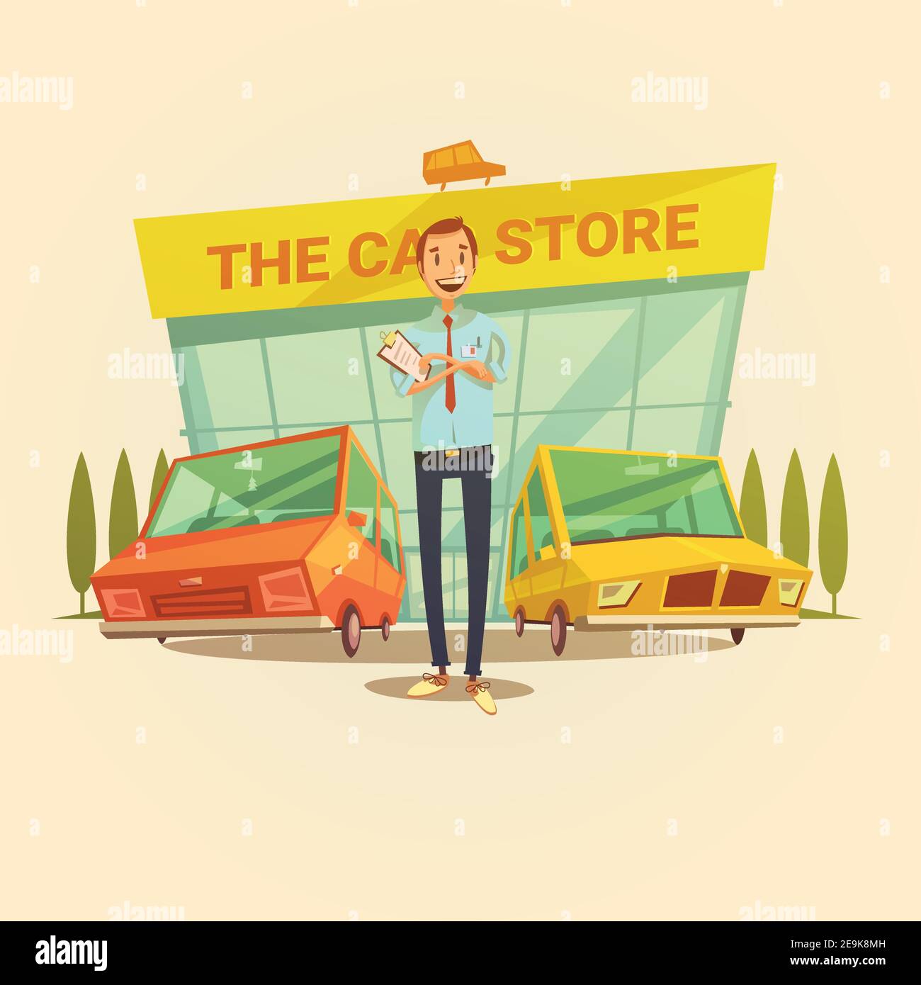 Car dealer and car store cartoon concept with different types of cars ...