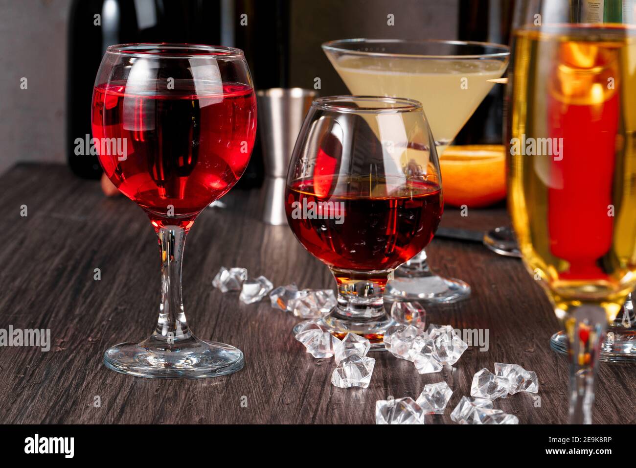 Selection of alcohol drinks in different glasses Stock Photo - Alamy