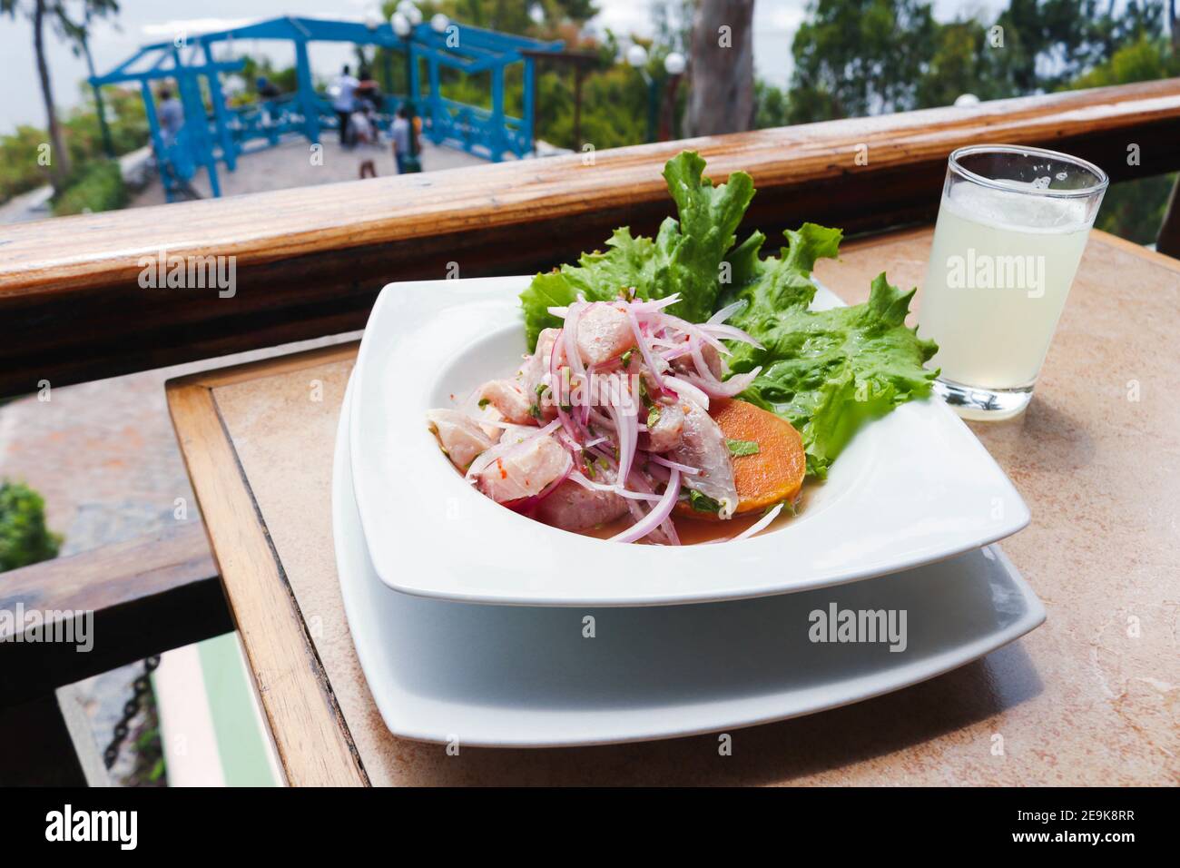 Closeup shot of a traditional Peruvian dish called ceviche made with ...