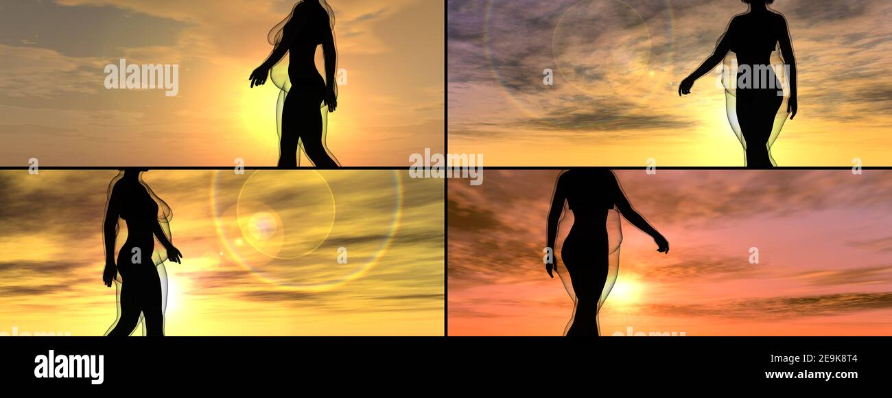 Conceptual fat overweight obese female vs slim fit healthy body after ...