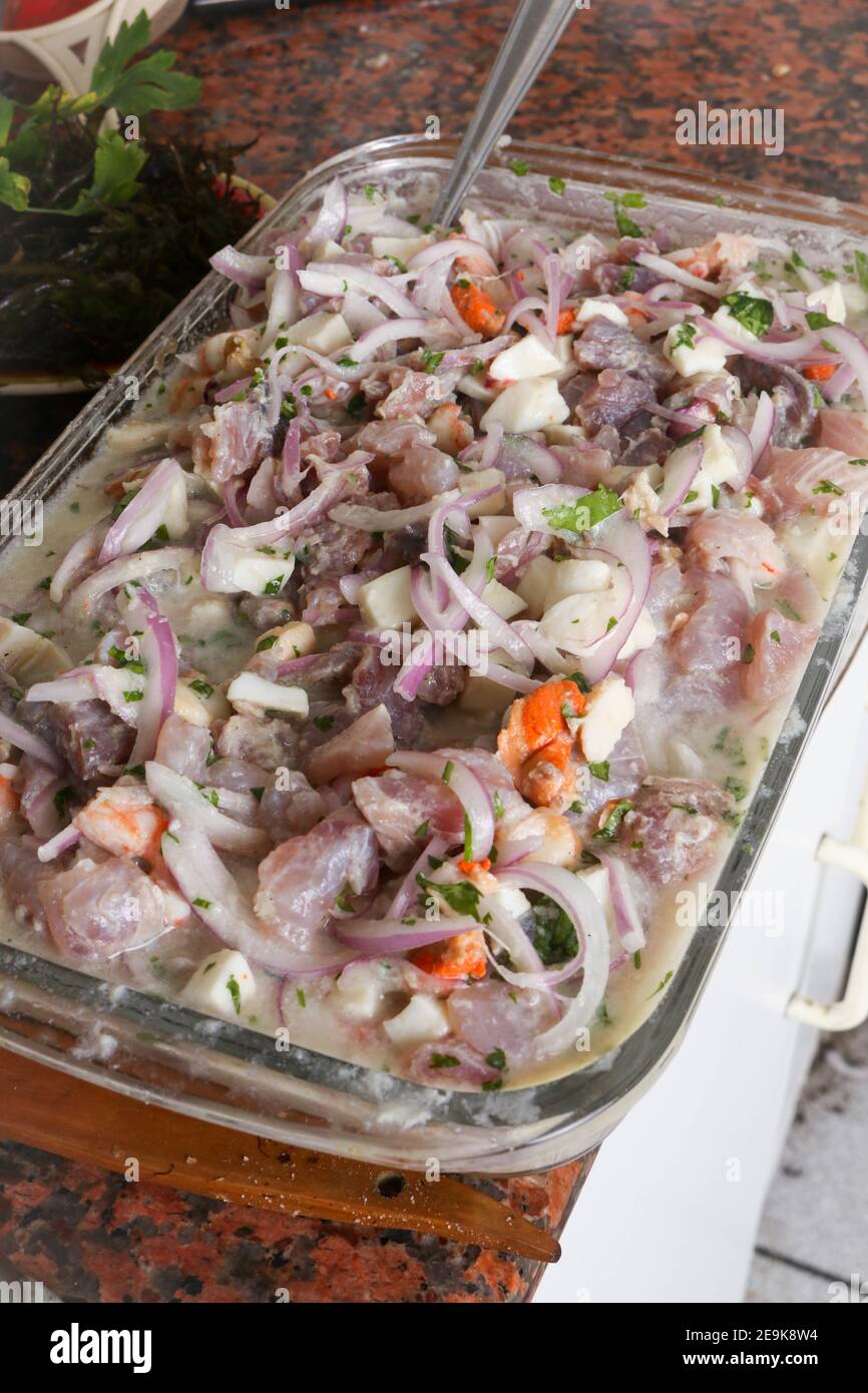 Platter filled with a traditional Peruvian dish called ceviche Stock ...