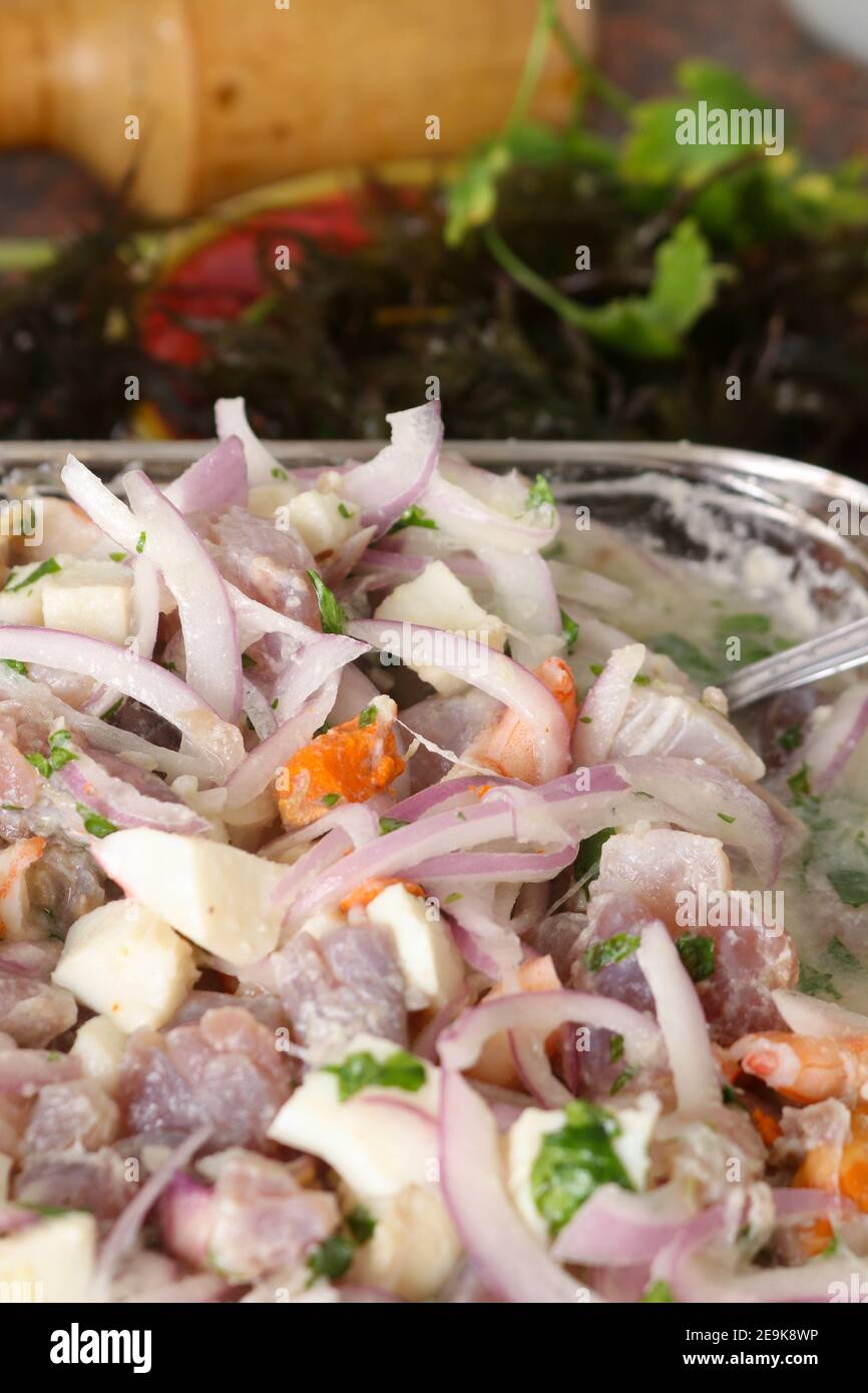 Platter filled with a traditional Peruvian dish called ceviche Stock ...