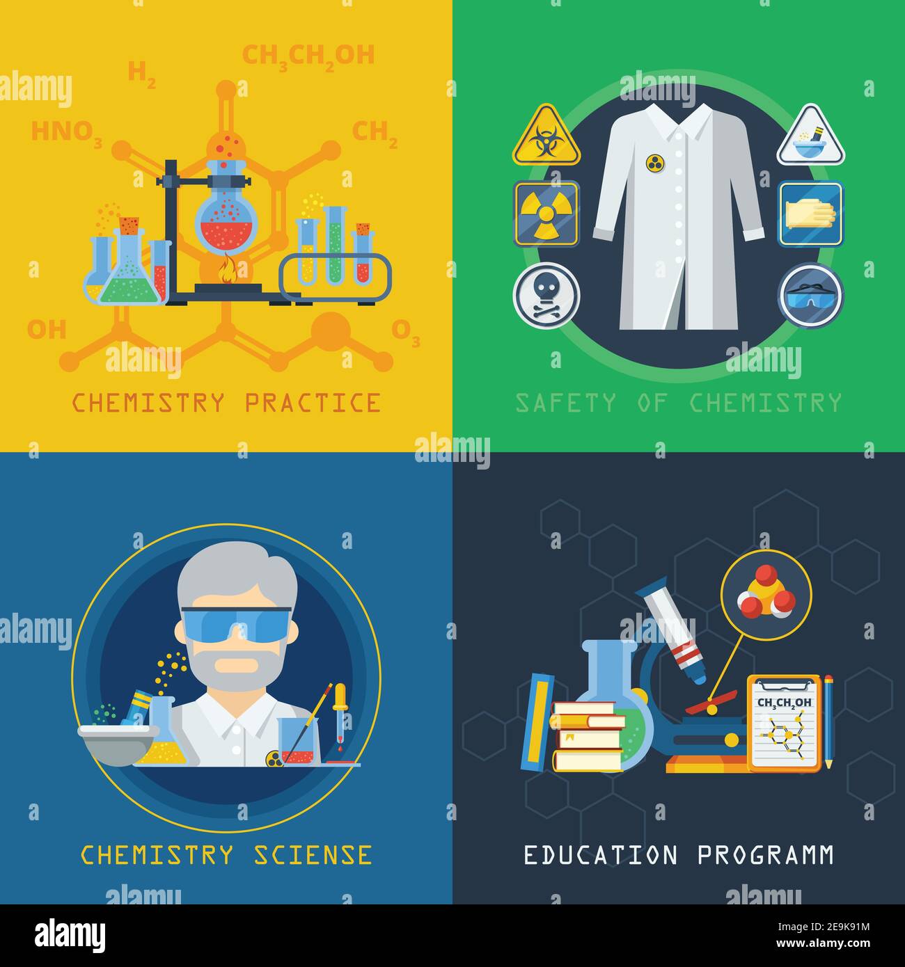 Chemistry 2x2 design concept set with laboratory equipment education ...